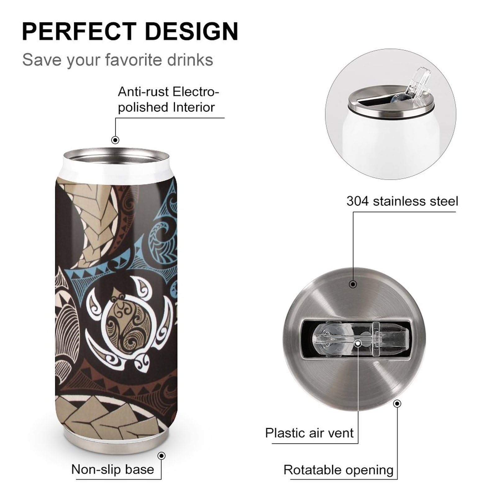 Hawaiian Honu Polynesian Sea Turtle Stainless Steel Tumbler Insulated Water Bottle Coffee Cup Travel Mug with Lid and Straw 500ml