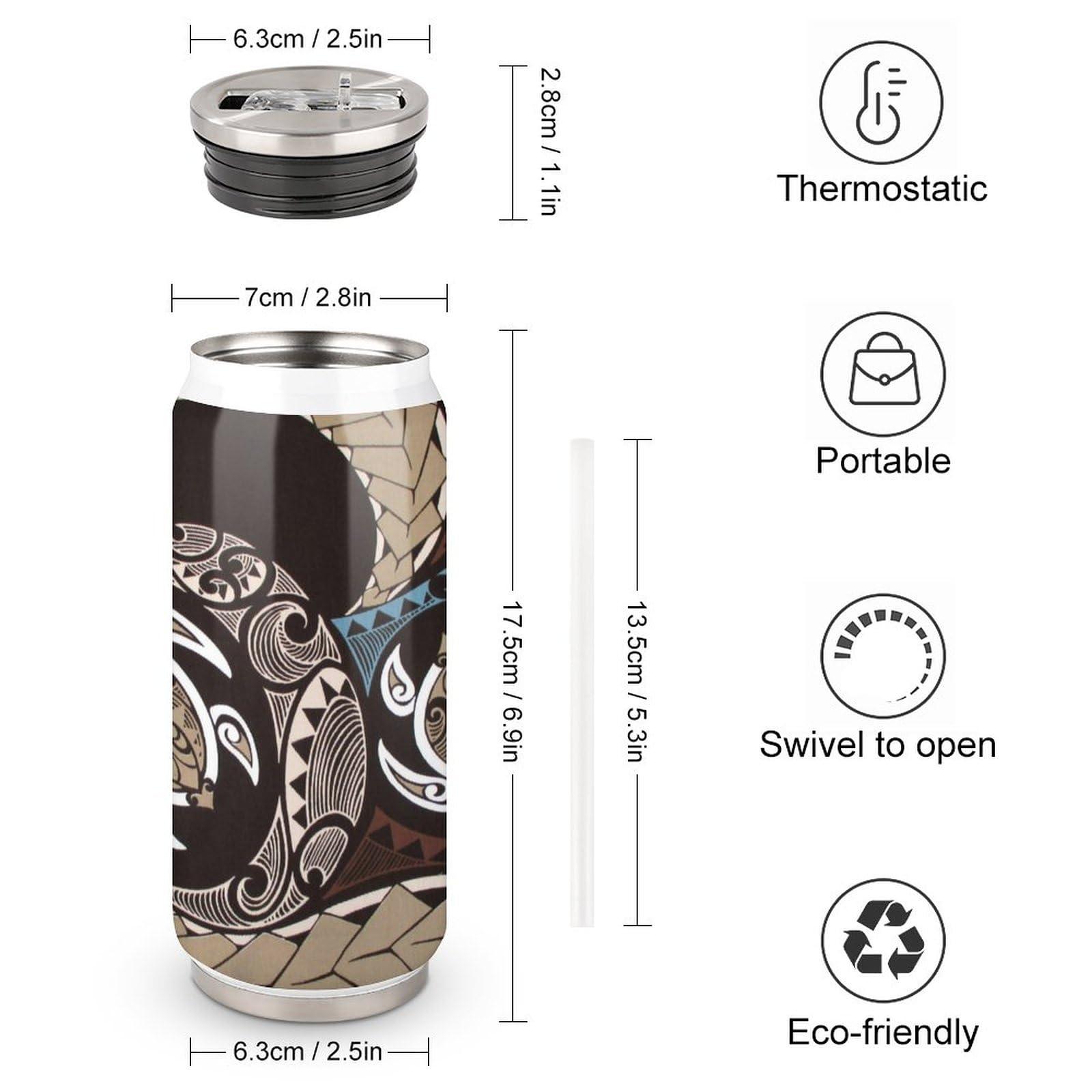 Hawaiian Honu Polynesian Sea Turtle Stainless Steel Tumbler Insulated Water Bottle Coffee Cup Travel Mug with Lid and Straw 500ml