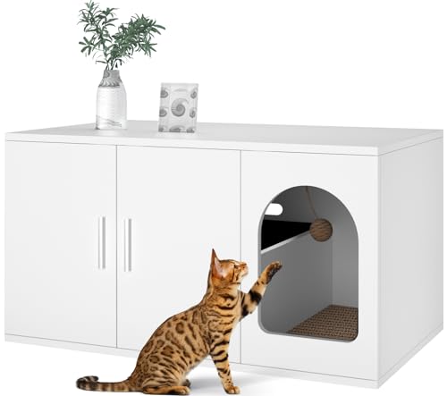 Amunrbrek Cat Litter Box Enclosure Furniture as End Side Table, Stackable Litter Box Furniture with Front-entry Cat Door (White)