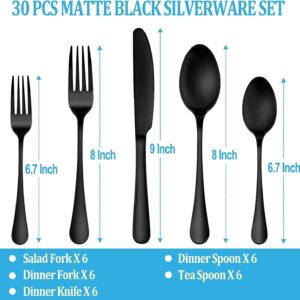 30 Piece Silverware Set Service for 6,Premium Stainless Steel Flatware Set, Mirror Polished Cutlery Utensil Set, Durable Home Kitchen Eating Tableware Set, Include Fork Knife Spoon Set (Black)