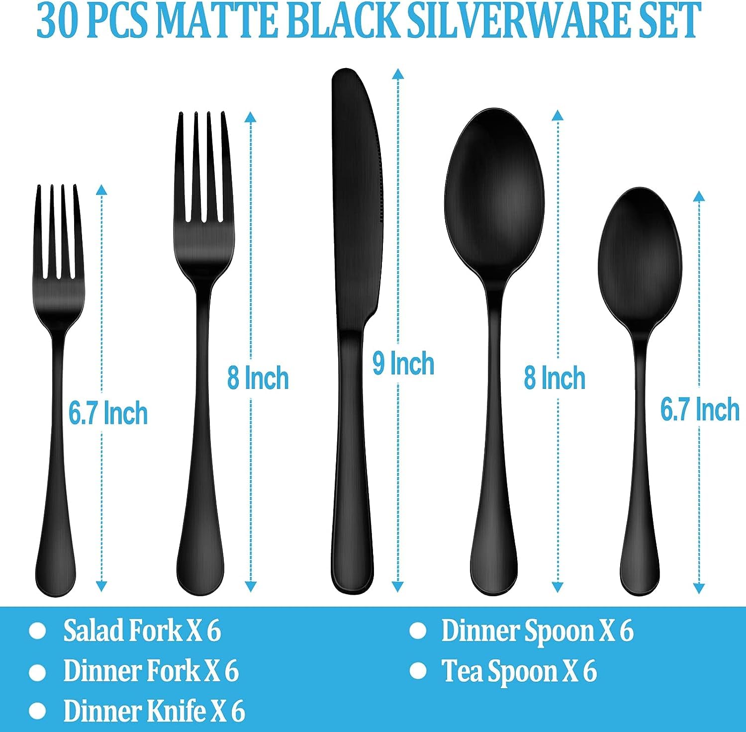 30 Piece Silverware Set Service for 6,Premium Stainless Steel Flatware Set, Mirror Polished Cutlery Utensil Set, Durable Home Kitchen Eating Tableware Set, Include Fork Knife Spoon Set (Black)