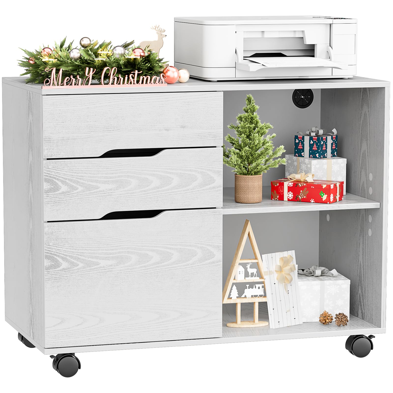 Sweetcrispy Organizer Vertical Office Mobile Lateral Filing Cabinet Printer Stand with Adjustable Storage Shelves for Kids Room, Small Space, Bedroom, 31.34" x 15.75" x 24.41", Whitewood