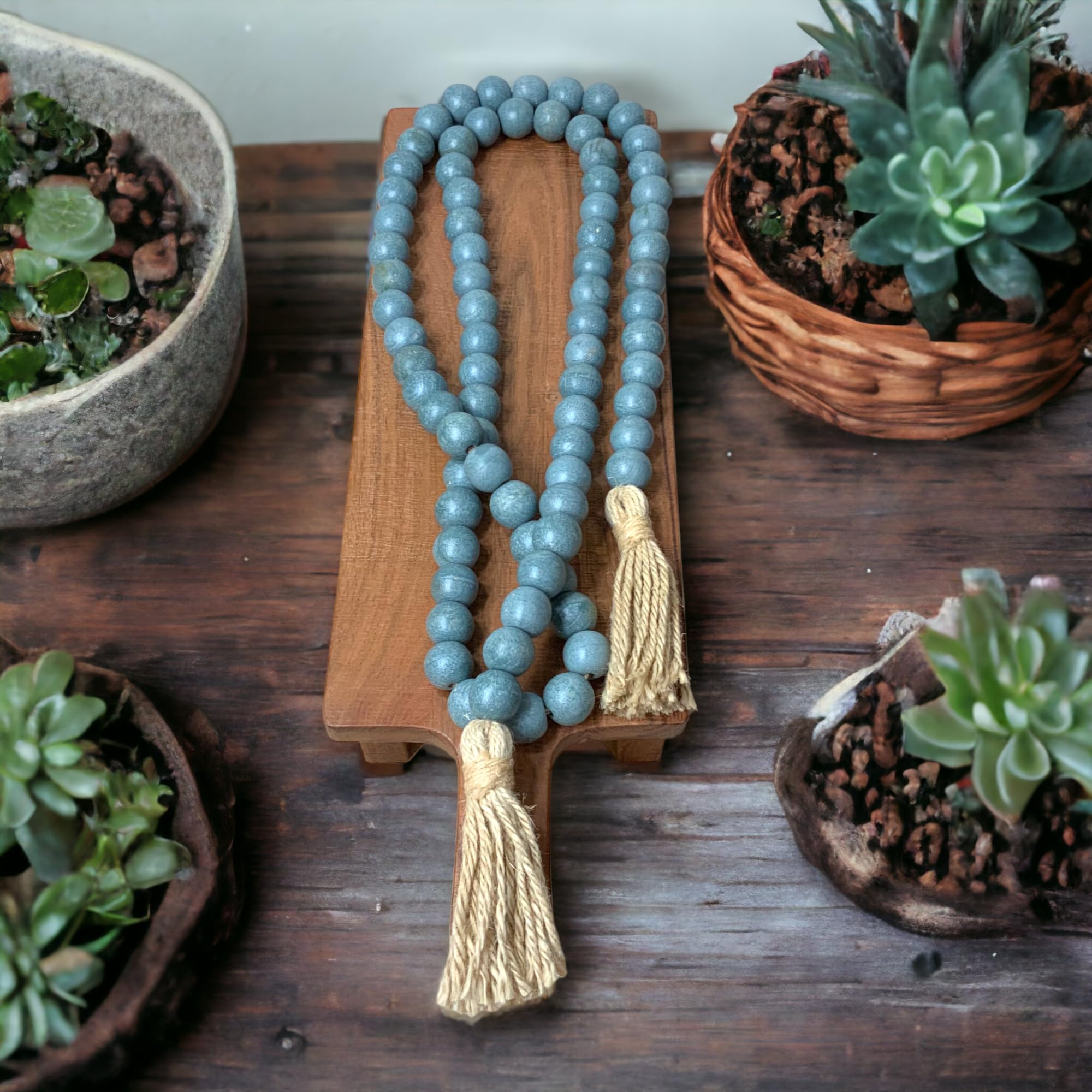 90" Wooden Bead Garland with Jute Tassels - Boho Wedding Garland, Rustic Boho Home Decor, Coffee Table, Mantle Decorations, Farmhouse Decor, Boho Decor (1, Dusty Blue Round)