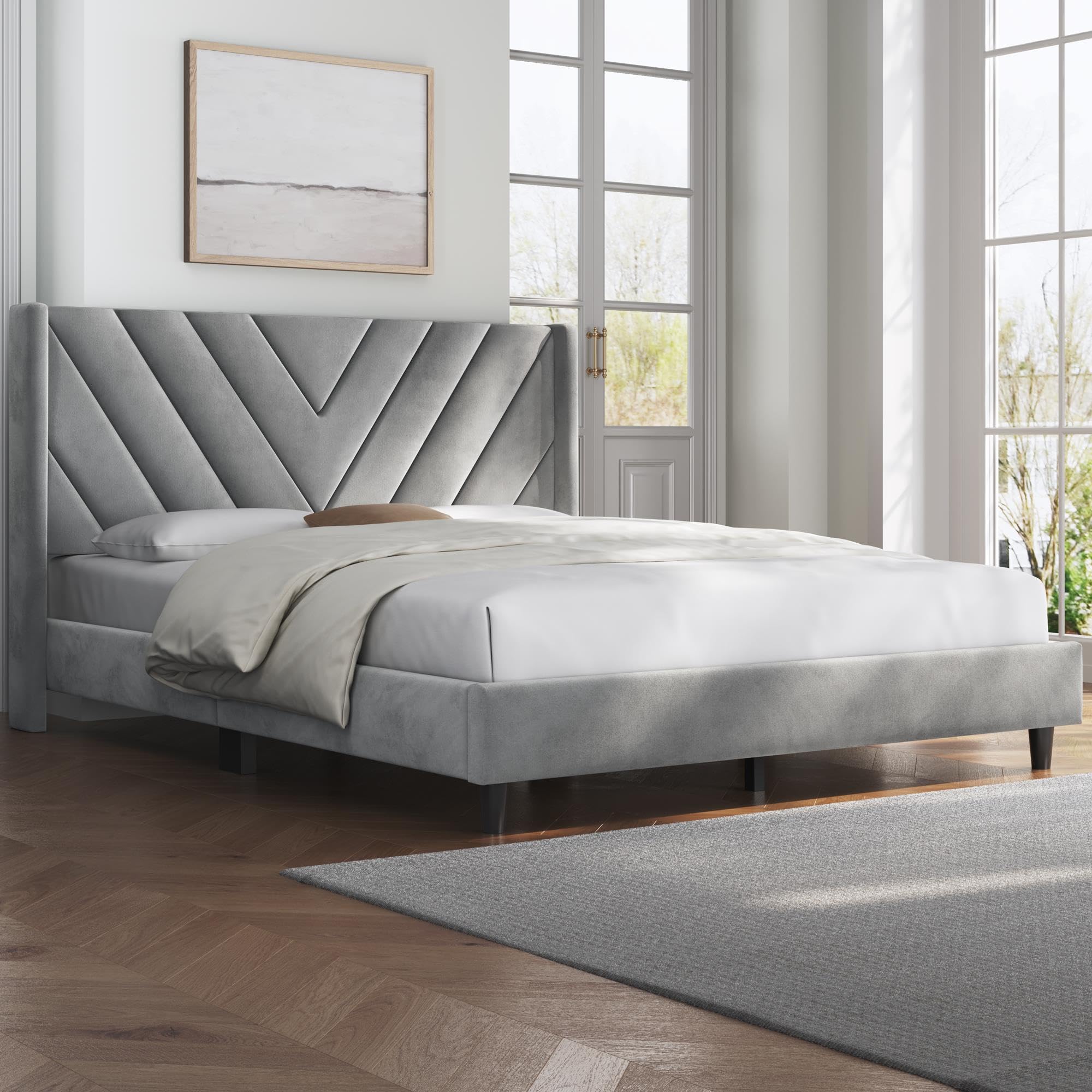 Yaheetech Queen Bed Frame Upholstered Platform Bed with Wing Side/Wooden Slat Support/Tufted Headboard with Wing Side/Mattress Foundation/No Box Spring Needed,Light Gray Queen Bed