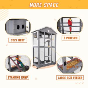 Ketive 65in Outdoor Bird Aviary with Wheels,Wooden Bird Cage Indoor Finches Cage Flight cage Wire Mesh,Easy Clean Tray Perches Nest Feeder