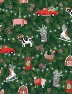 revel & co christmas farm ornaments folded christmas wrapping paper, 2 feet x 10 feet folded holiday giftwrap with pigs, cows, sheep, chickens, trucks, barns