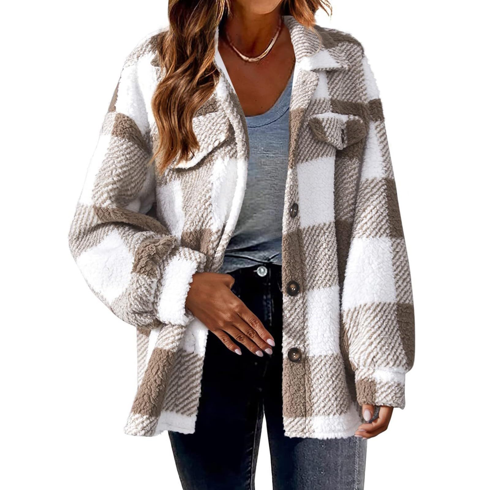 JIOEEH Women's Blouses Winter Plaid Lamb Fleece newspaper shirt christmas sweaters for women aesthetic sweater past orders prime try before you buy todays deals in prime