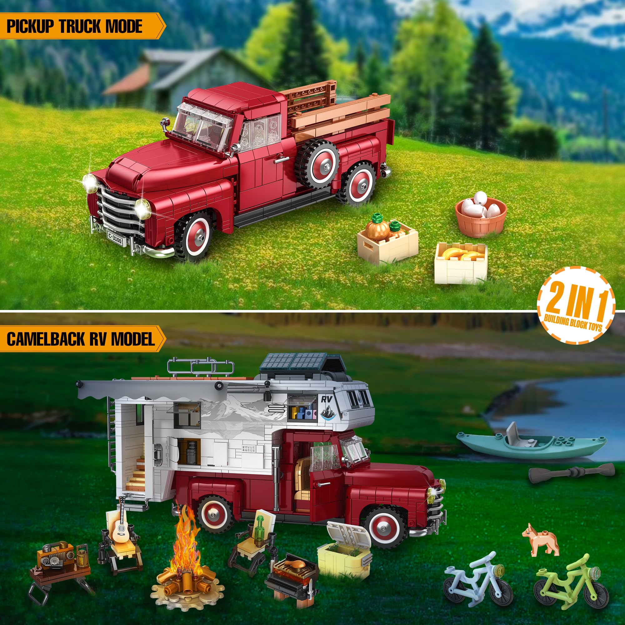 FliCineCrt Car Building Block, 2-in-1 Camper Van Building and Farm Pickup Truck Building Set Toy forAdult and Teens, Retro Rvs Building Block Kit Set, 2188pcs