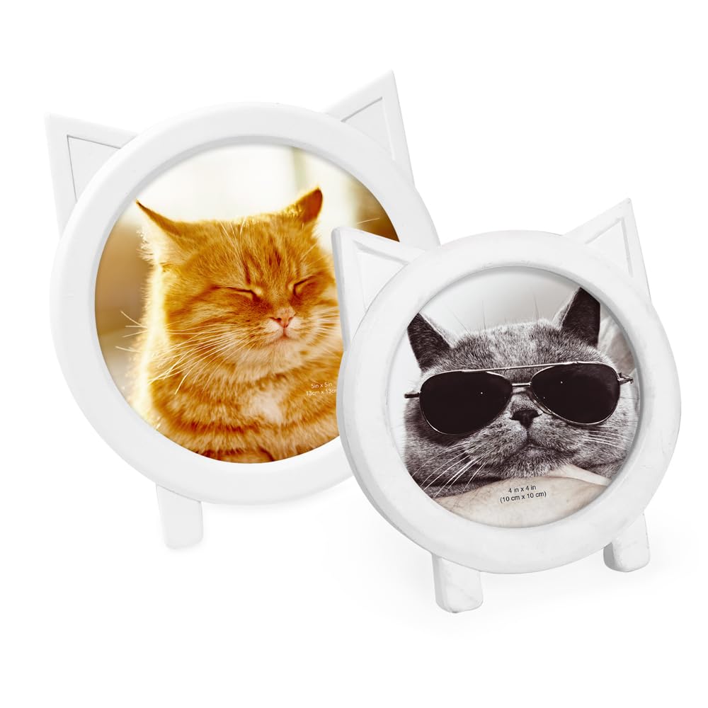 Isaac Jacobs 5x5 Round Resin Sentiment Cat Picture Frame with Ears, Photo Tabletop & Wall Display Hanging Display & Home Décor (White)