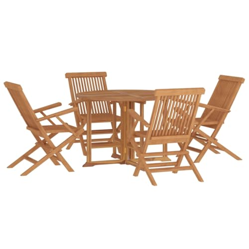 vidaXL 5 Piece Folding Patio Dining Set in Solid Teak Wood - Round Table, 4 Chairs, Outdoor Al Fresco Dining, Garden Patio Furniture, Portable and Foldable Design, Sturdy Wooden Frame