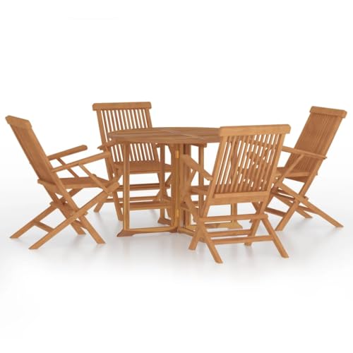 vidaXL 5 Piece Folding Patio Dining Set in Solid Teak Wood - Round Table, 4 Chairs, Outdoor Al Fresco Dining, Garden Patio Furniture, Portable and Foldable Design, Sturdy Wooden Frame