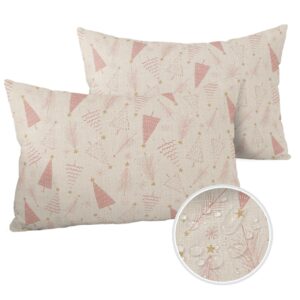 Edwiinsa Outdoor Pillow Covers Waterproof, Minimalist Christmas All Weather Cushion Case Set of 2, Cartoon Blush Pink Xmas Pine Tree Lumbar Pillowcase for Sofa Couch Bed Decor Patio Furniture 20"x12"