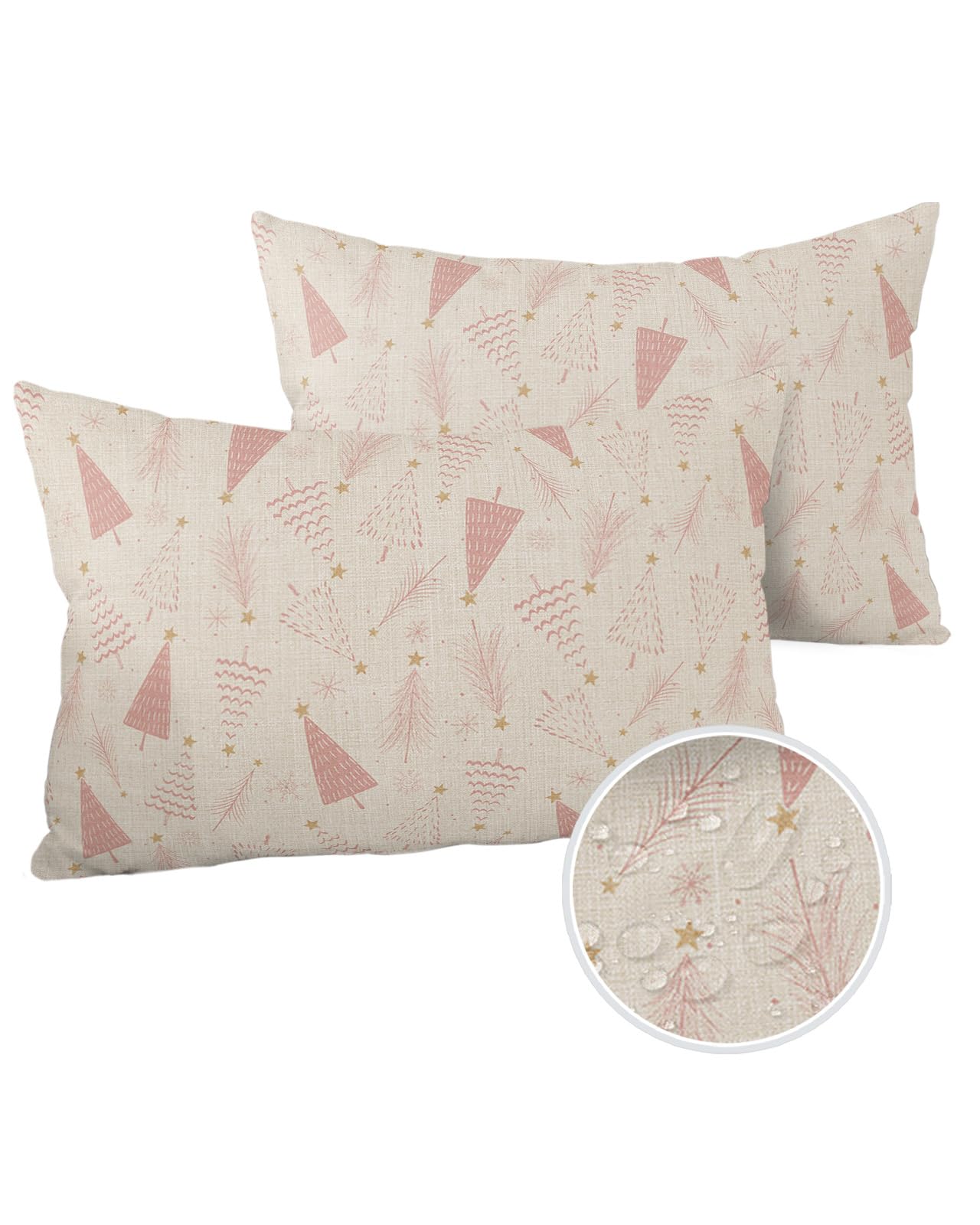 Edwiinsa Outdoor Pillow Covers Waterproof, Minimalist Christmas All Weather Cushion Case Set of 2, Cartoon Blush Pink Xmas Pine Tree Lumbar Pillowcase for Sofa Couch Bed Decor Patio Furniture 20"x12"