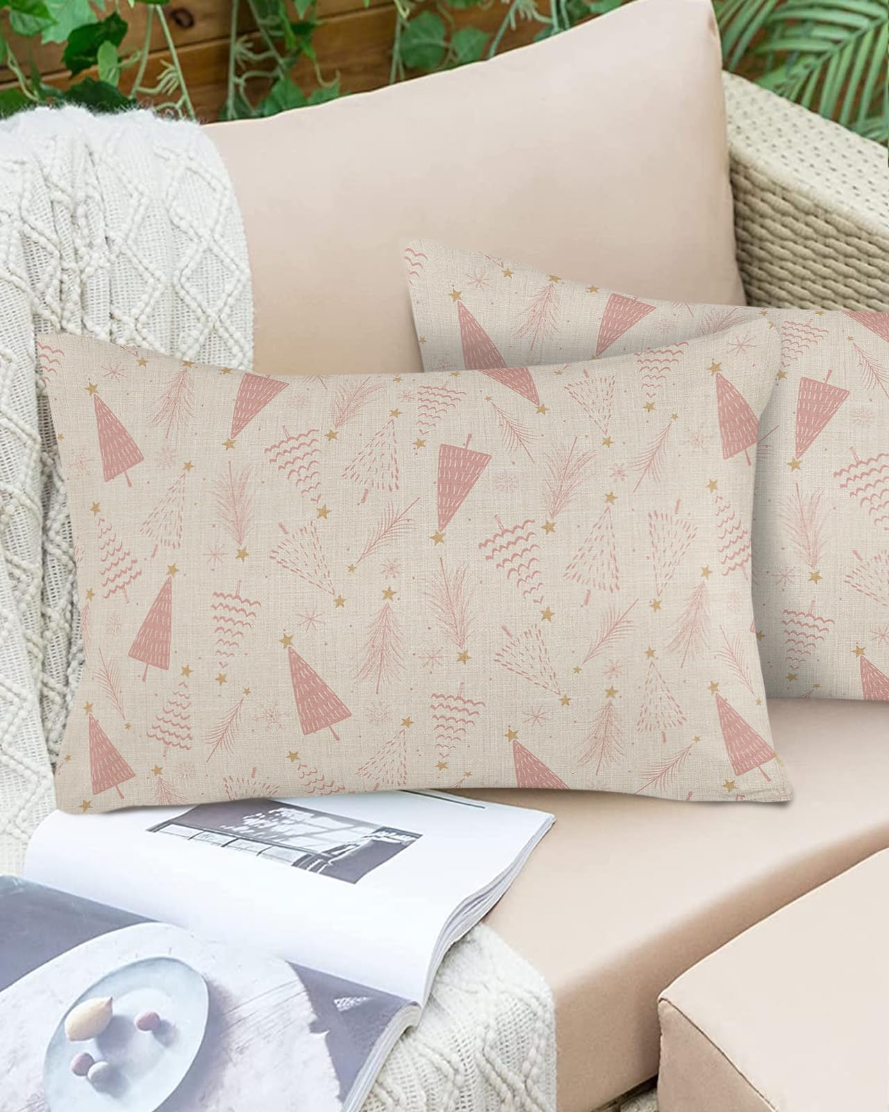 Edwiinsa Outdoor Pillow Covers Waterproof, Minimalist Christmas All Weather Cushion Case Set of 2, Cartoon Blush Pink Xmas Pine Tree Lumbar Pillowcase for Sofa Couch Bed Decor Patio Furniture 20"x12"