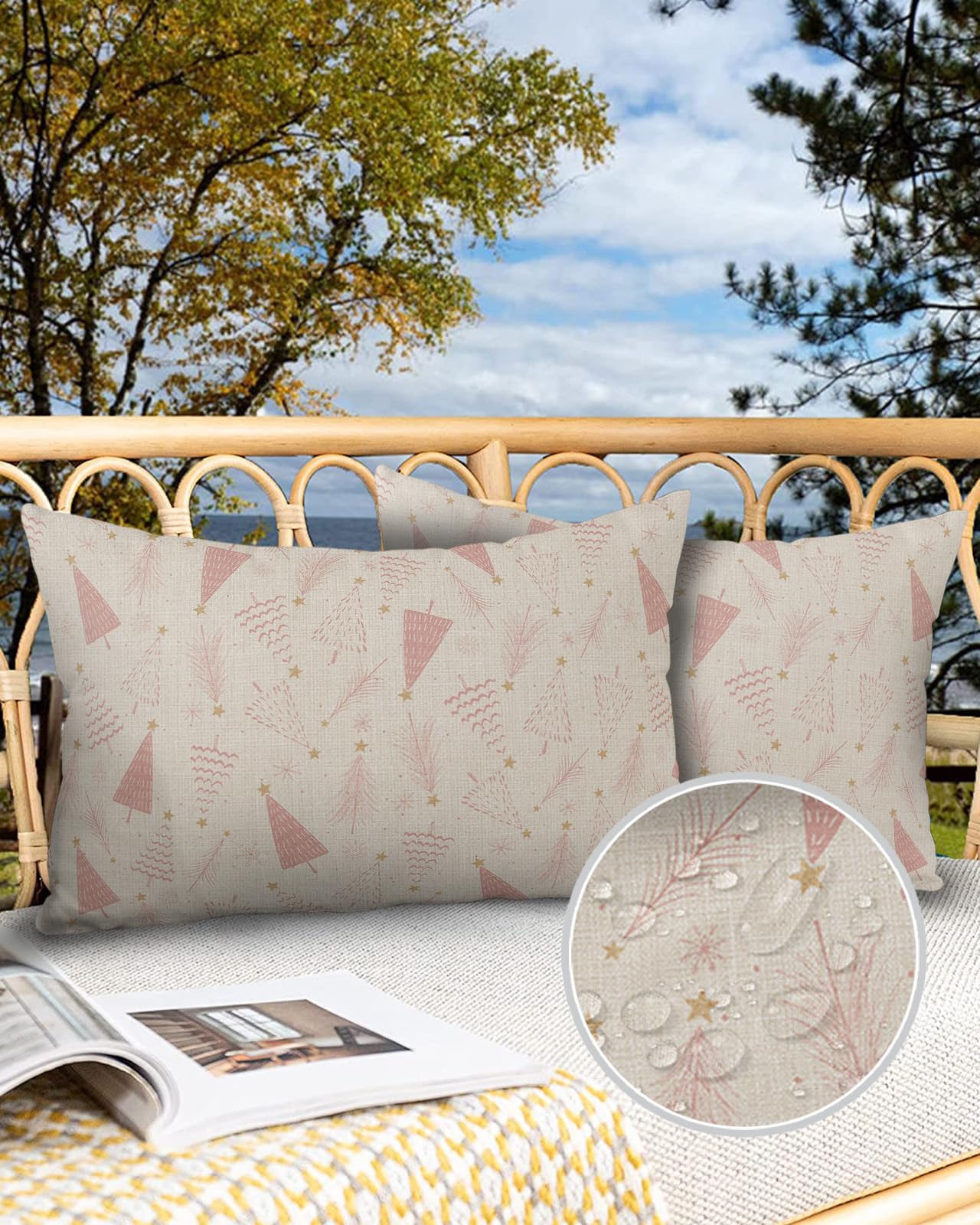 Edwiinsa Outdoor Pillow Covers Waterproof, Minimalist Christmas All Weather Cushion Case Set of 2, Cartoon Blush Pink Xmas Pine Tree Lumbar Pillowcase for Sofa Couch Bed Decor Patio Furniture 20"x12"