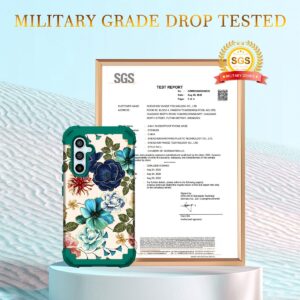 Hocase for Galaxy S23 FE Case, Heavy Duty Shockproof Protection Soft Silicone Rubber+Hard Plastic Bumper Hybrid Protective Case for Samsung Galaxy S23 FE 5G (6.4") 2023 - Teal Flowers