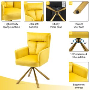 somedream Modern Swivel Accent Chair with Arm Rests, Office Velvet Desk Chair with Cosy Thick Padded Back Cushion, Resting Chair without Wheels for Bedroom Living Room Indoor, Yellow