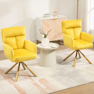 somedream Modern Swivel Accent Chair with Arm Rests, Office Velvet Desk Chair with Cosy Thick Padded Back Cushion, Resting Chair without Wheels for Bedroom Living Room Indoor, Yellow