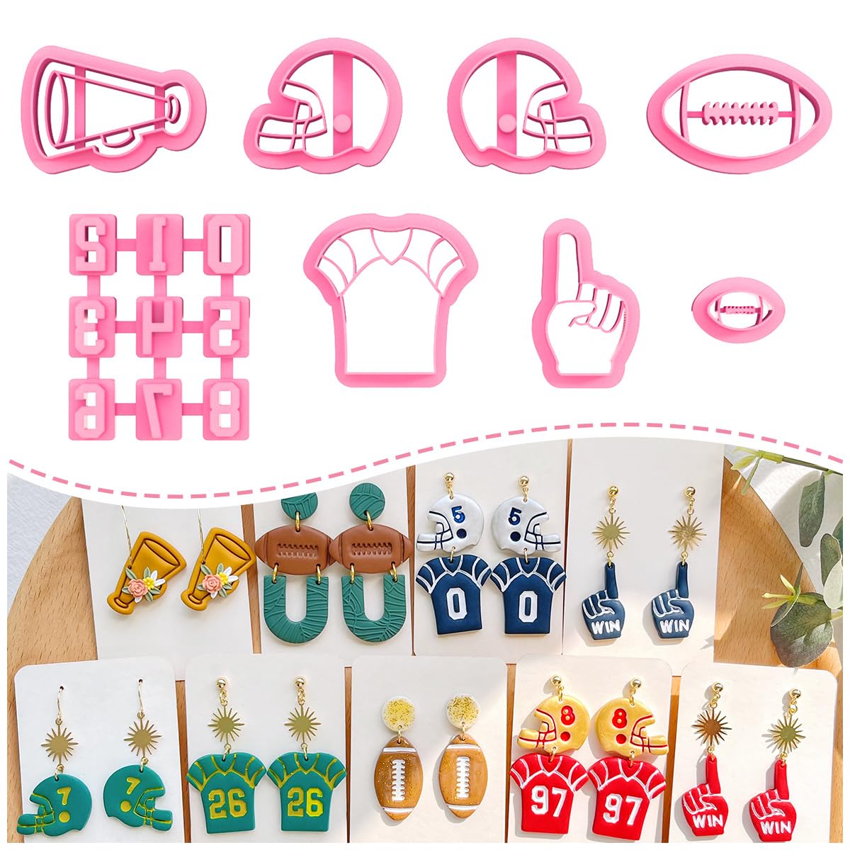 Keoker Football Clay Cutters, Football Polymer Clay Cutters, 7 Clay Cutters Shapes with 9 Number Polymer Clay Stamps, Football Jersey Polymer Clay Cutter for Earrings, Football Helmet Clay Cutter.