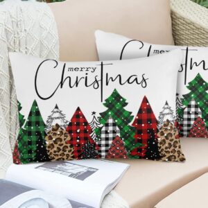 Edwiinsa Outdoor Pillow Covers Waterproof, Christmas All Weather Cushion Case Set of 2, Xmas Tree Leopard Check Winter Snowflake Lumbar Pillowcase for Sofa Couch Bed Decor Patio Furniture 20"x12"