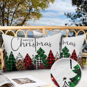 Edwiinsa Outdoor Pillow Covers Waterproof, Christmas All Weather Cushion Case Set of 2, Xmas Tree Leopard Check Winter Snowflake Lumbar Pillowcase for Sofa Couch Bed Decor Patio Furniture 20"x12"