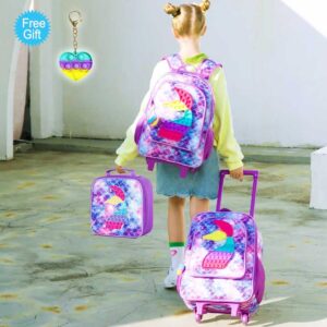 CCJPX 3PCS Mermiad Rolling Backpack for Girls, Kids Roller Wheeled Bookbag Toddler Elementary School Bag with Wheels - Purple