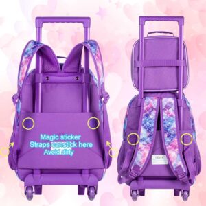 CCJPX 3PCS Mermiad Rolling Backpack for Girls, Kids Roller Wheeled Bookbag Toddler Elementary School Bag with Wheels - Purple