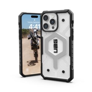 URBAN ARMOR GEAR UAG Designed for iPhone 15 Pro Max Case 6.7" Pathfinder Clear Ice/Silver Compatible with MagSafe Bundle with UAG Screen Protector Glass Shield Plus 6.7"