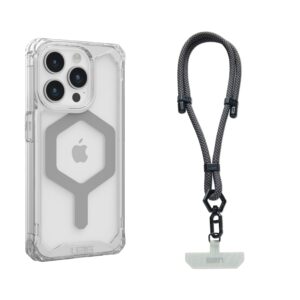 urban armor gear uag designed for iphone 15 pro case plyo ice/silver 6.1" compatible with magsafe bundle with uag civilian phone lanyard adjustable wrist strap graphite/black