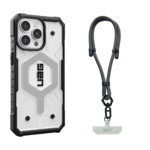 urban armor gear uag designed for iphone 15 pro max case pathfinder clear ice/silver 6.7" bundle with uag civilian phone lanyard adjustable wrist strap graphite/black