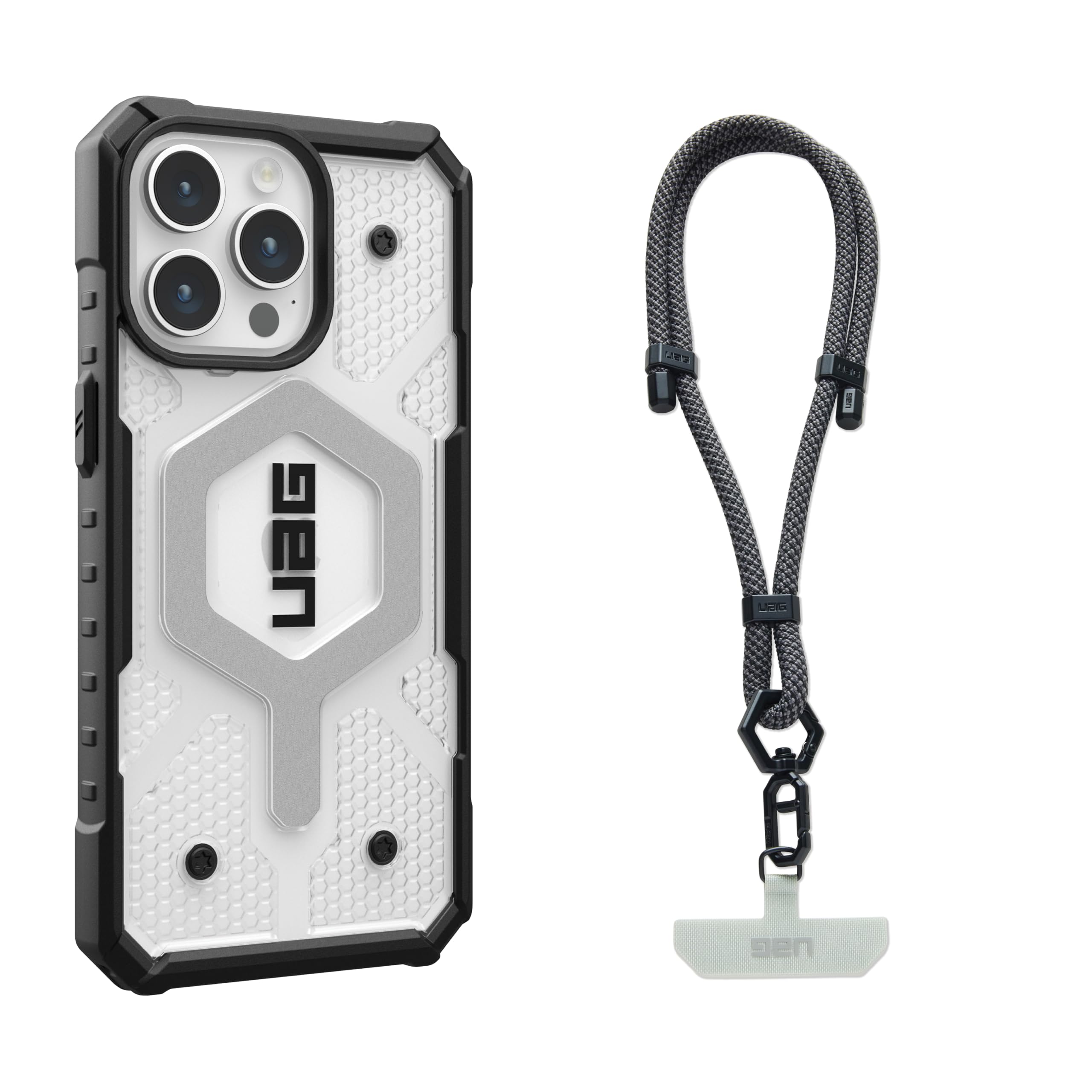 URBAN ARMOR GEAR UAG Designed for iPhone 15 Pro Max Case Pathfinder Clear Ice/Silver 6.7" Bundle with UAG Civilian Phone Lanyard Adjustable Wrist Strap Graphite/Black