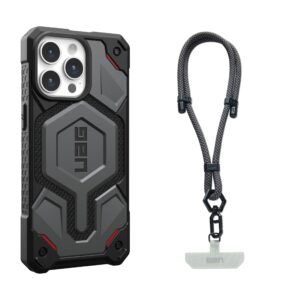 urban armor gear uag designed for iphone 15 pro max case monarch pro kevlar silver 6.7" bundle with uag civilian phone lanyard adjustable wrist strap graphite/black