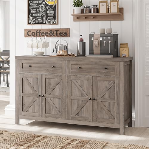 HOSTACK 55" Buffet Sideboard Cabinet with Storage, Modern Farmhouse Coffee Bar Cabinet with Drawers and Shelves, Barn Door Storage Cabinet for Kitchen, Living Room, Ash Grey