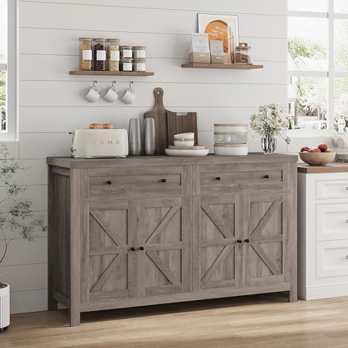 HOSTACK 55" Buffet Sideboard Cabinet with Storage, Modern Farmhouse Coffee Bar Cabinet with Drawers and Shelves, Barn Door Storage Cabinet for Kitchen, Living Room, Ash Grey