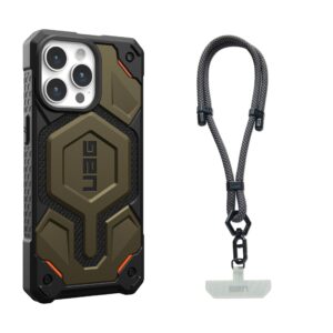 urban armor gear uag designed for iphone 15 pro max case monarch pro kevlar element green 6.7" bundle with uag civilian phone lanyard adjustable wrist strap graphite/black