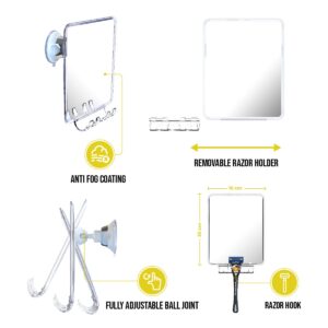 Luxo Shower Mirror, Shower Mirror fogless for Shaving with a Removable Razor Holder - Shaving Mirror for Shower with a Powerful Suction Cup - Shatterproof fogless Mirror for Shower (Clear)