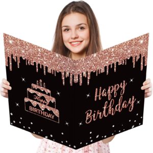 kuxriox jumbo happy birthday card for women girls kids, large rose gold birthday guest book supplies gifts, giant rose gold birthday decorations message greeting cards with envelope big birthday card