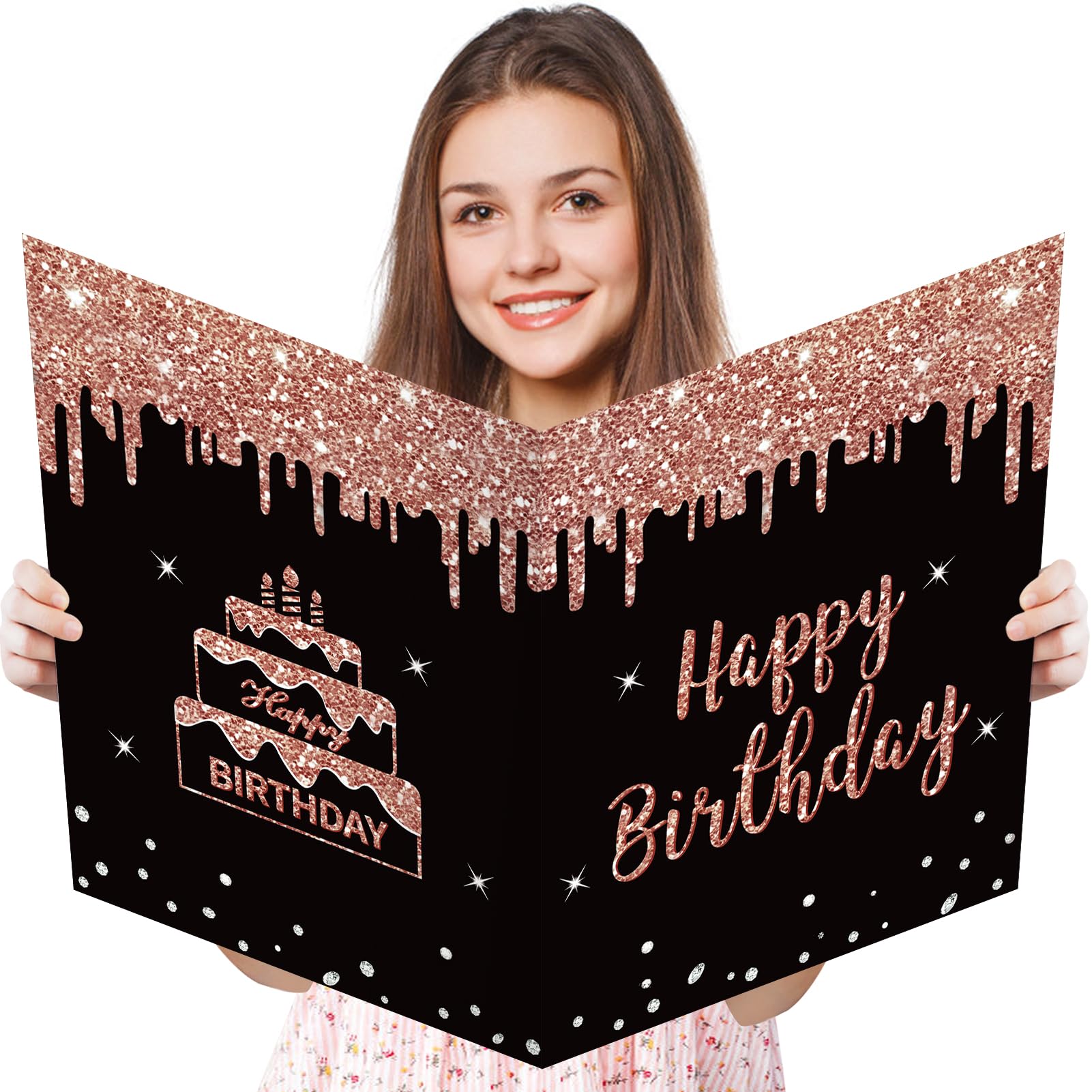 Kuxriox Jumbo happy Birthday Card for Women Girls Kids, Large Rose Gold Birthday Guest Book Supplies Gifts, Giant Rose Gold Birthday Decorations Message Greeting Cards With Envelope Big Birthday Card