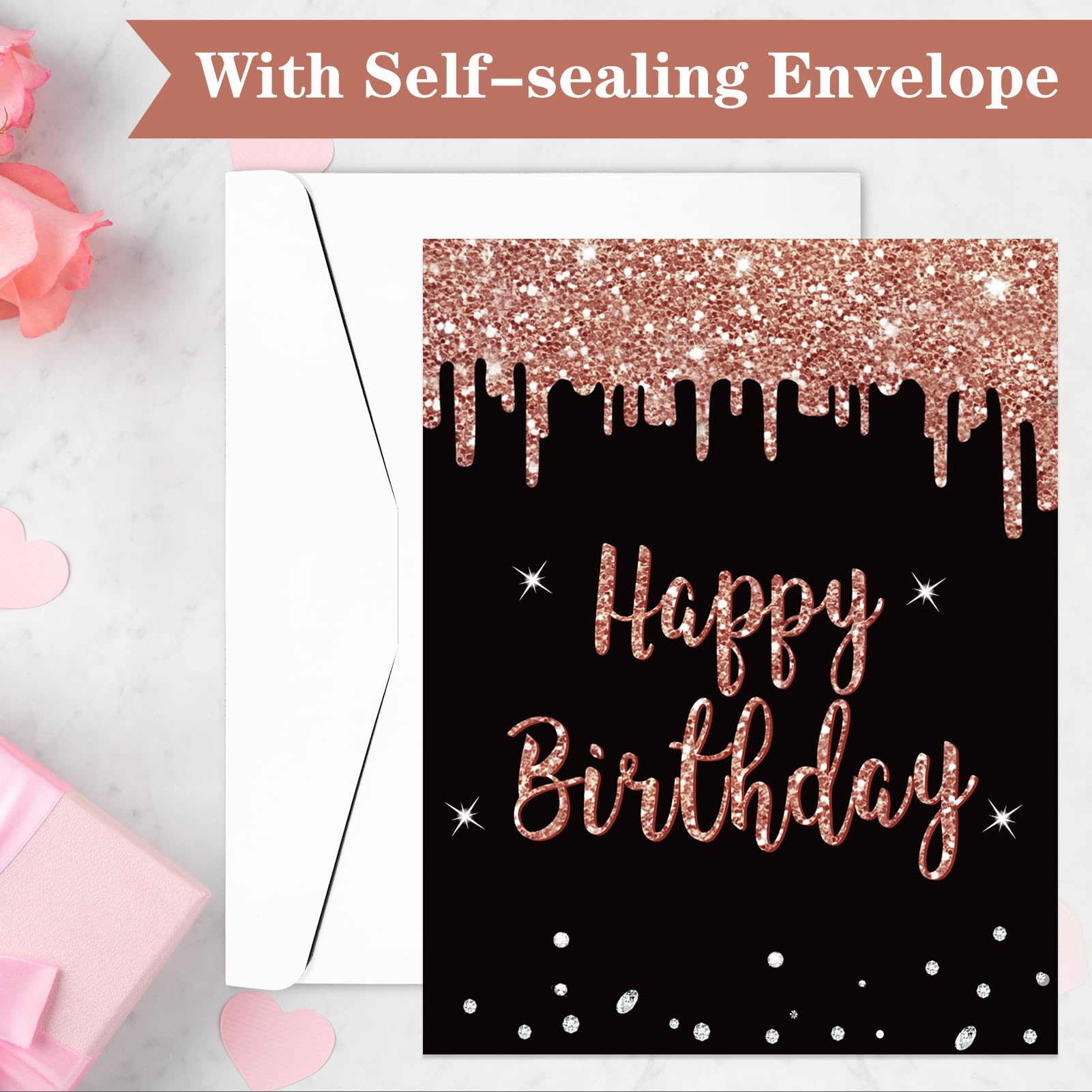 Kuxriox Jumbo happy Birthday Card for Women Girls Kids, Large Rose Gold Birthday Guest Book Supplies Gifts, Giant Rose Gold Birthday Decorations Message Greeting Cards With Envelope Big Birthday Card