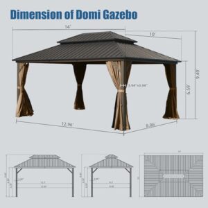 Domi 10' X 14' Hardtop Gazebo, Aluminum Metal Gazebo with Galvanized Steel Double Roof Canopy, Curtain and Netting, Permanent Gazebo Pavilion for Party, Wedding, Outdoor Dining, Brown