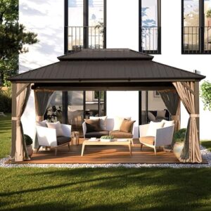 domi 10' x 14' hardtop gazebo, aluminum metal gazebo with galvanized steel double roof canopy, curtain and netting, permanent gazebo pavilion for party, wedding, outdoor dining, brown