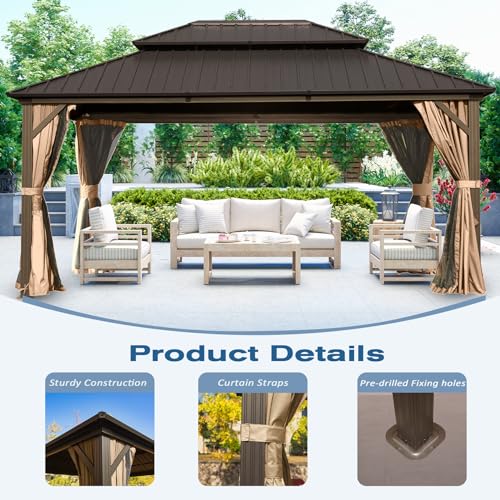 Domi 10' X 14' Hardtop Gazebo, Aluminum Metal Gazebo with Galvanized Steel Double Roof Canopy, Curtain and Netting, Permanent Gazebo Pavilion for Party, Wedding, Outdoor Dining, Brown