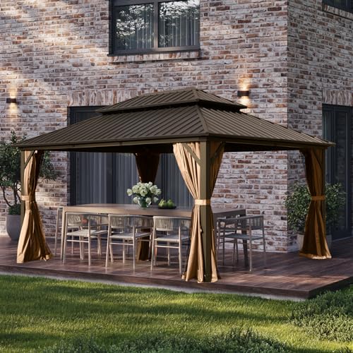 Domi 10' X 14' Hardtop Gazebo, Aluminum Metal Gazebo with Galvanized Steel Double Roof Canopy, Curtain and Netting, Permanent Gazebo Pavilion for Party, Wedding, Outdoor Dining, Brown