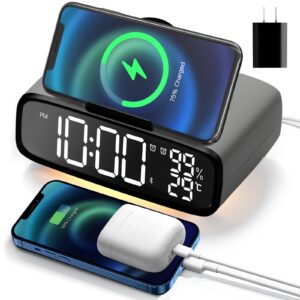 u-trak digital alarm clock with 15w wireless charging, bedside alarm clock with usb port, bluetooth speaker alarm clock with dual alarm, adjustable volume, dimmer, temperature, night light for bedroom