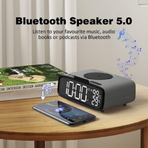 U-Trak Digital Alarm Clock with 15W Wireless Charging, Bedside Alarm Clock with USB Port, Bluetooth Speaker Alarm Clock with Dual Alarm, Adjustable Volume, Dimmer, Temperature, Night Light for Bedroom