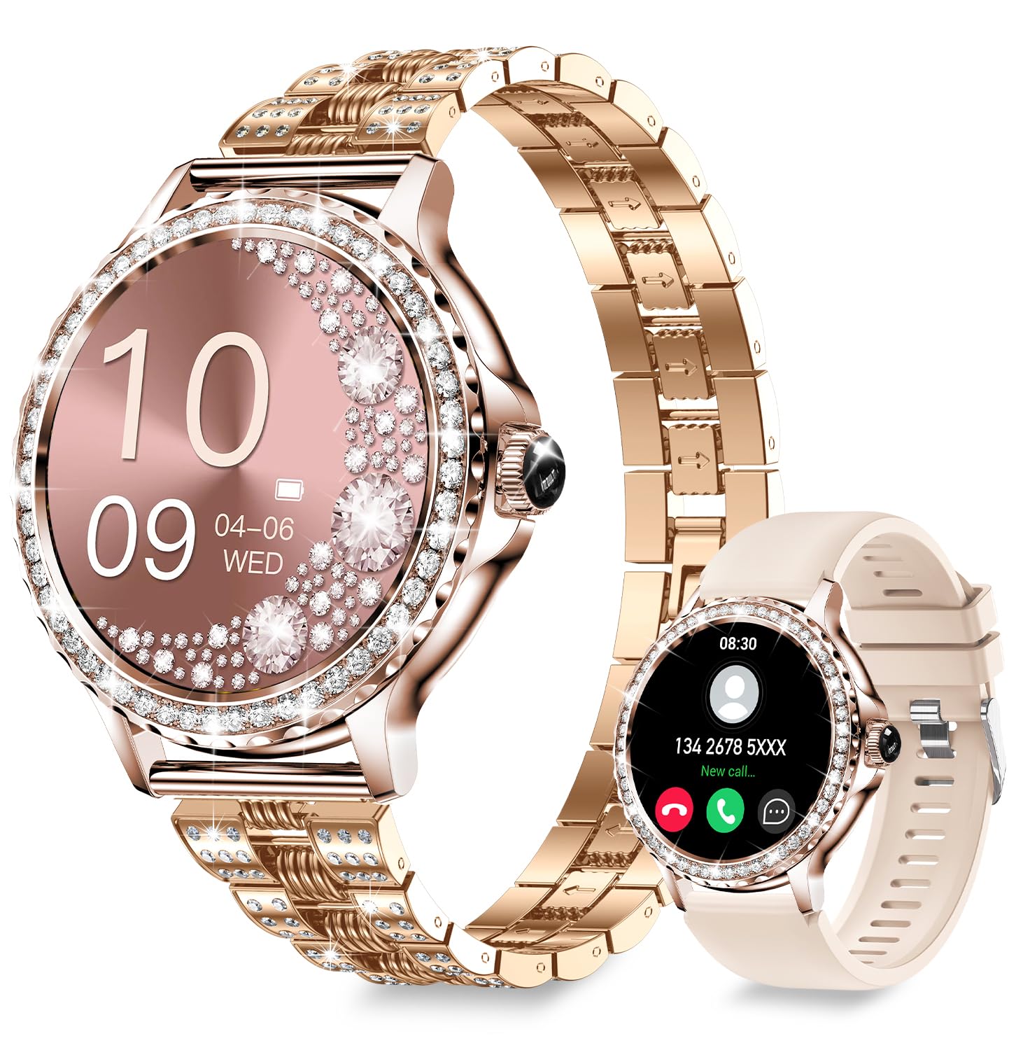 Smart Watches for Women (Answer/Make Call) with Diamonds, 1.3”HD Screen Bluetooth Smartwatch for Android iOS Phones, IP68 Waterproof Fitness Activity Trackers with Heart Rate/SpO2/BP/Sleep Monitor