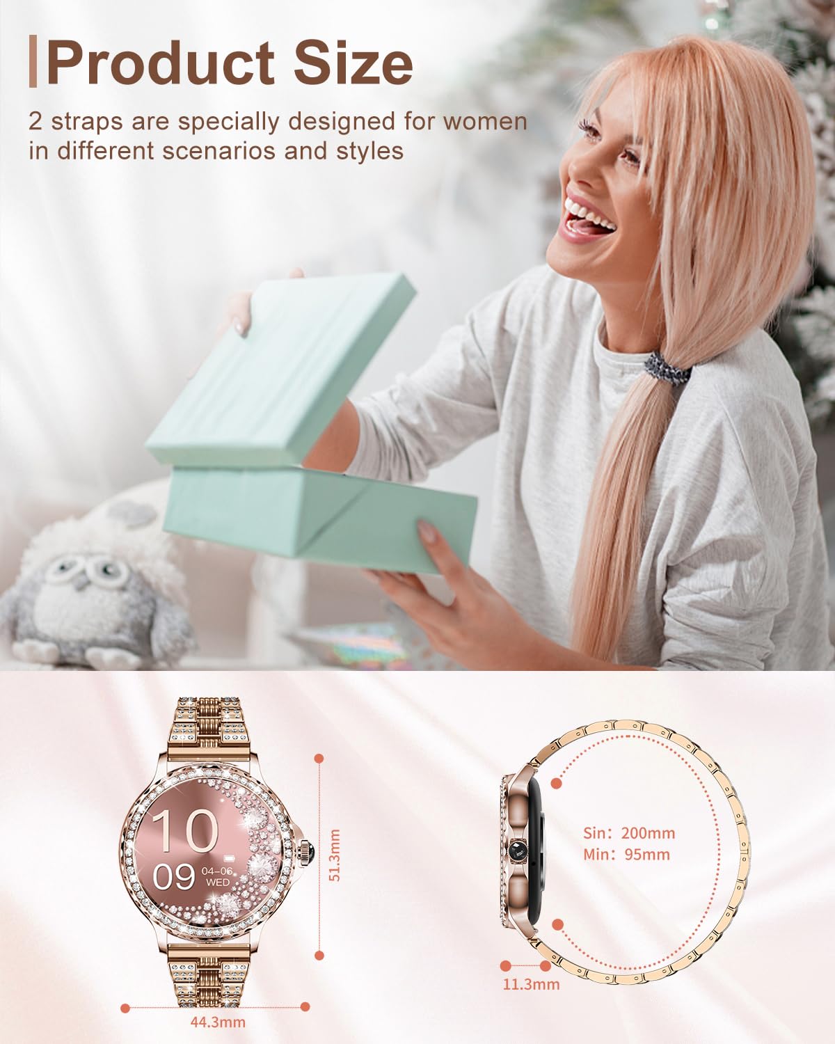 Smart Watches for Women (Answer/Make Call) with Diamonds, 1.3”HD Screen Bluetooth Smartwatch for Android iOS Phones, IP68 Waterproof Fitness Activity Trackers with Heart Rate/SpO2/BP/Sleep Monitor