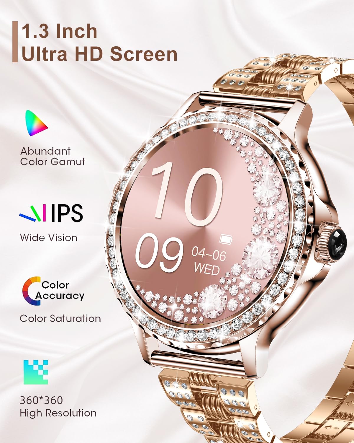 Smart Watches for Women (Answer/Make Call) with Diamonds, 1.3”HD Screen Bluetooth Smartwatch for Android iOS Phones, IP68 Waterproof Fitness Activity Trackers with Heart Rate/SpO2/BP/Sleep Monitor