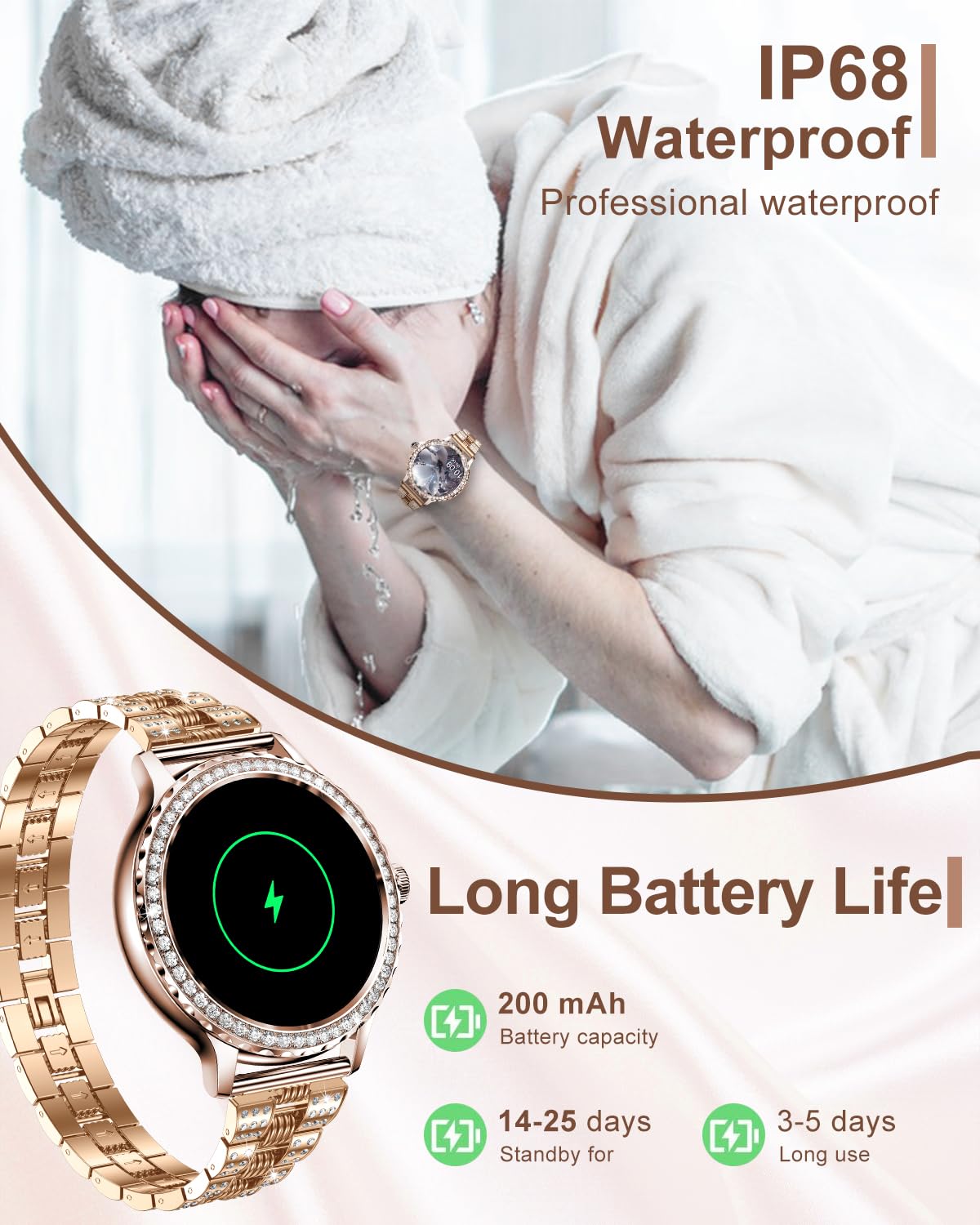 Smart Watches for Women (Answer/Make Call) with Diamonds, 1.3”HD Screen Bluetooth Smartwatch for Android iOS Phones, IP68 Waterproof Fitness Activity Trackers with Heart Rate/SpO2/BP/Sleep Monitor