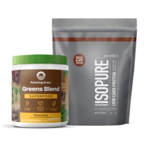 isopure build your smoothie chocolate bundle dutch chocolate low carb protein powder (14 servings) and amazing grass greens chocolate blend superfood (30 servings)